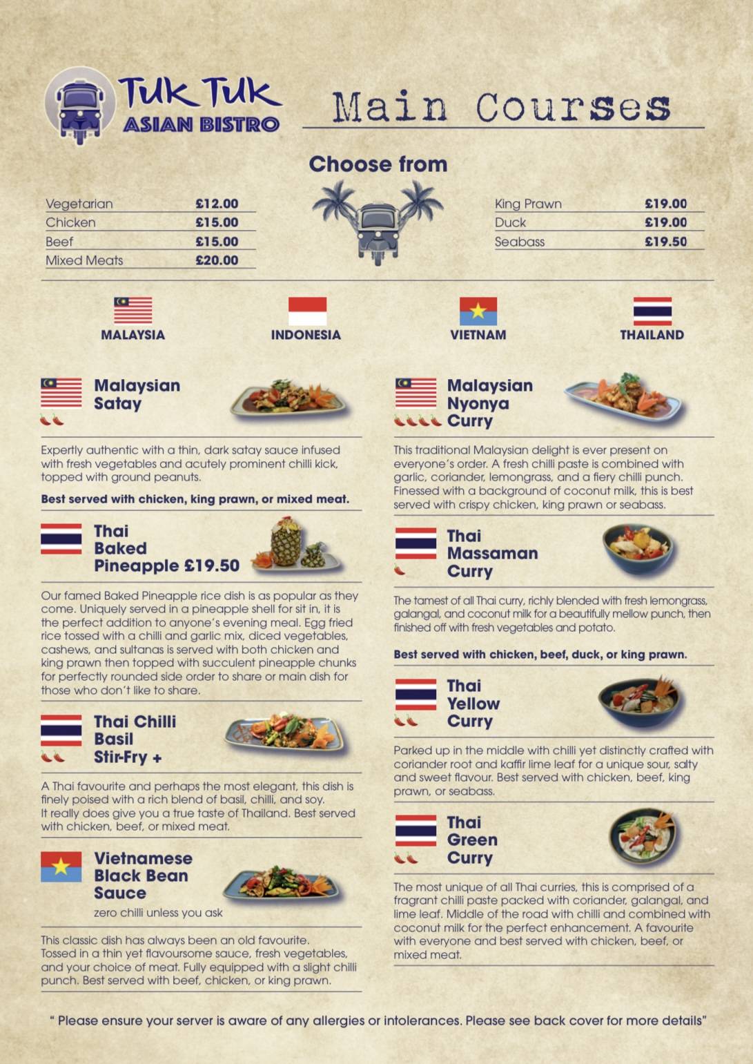 Menu at Tuk Tuk Asian Bistro restaurant, Newtownards