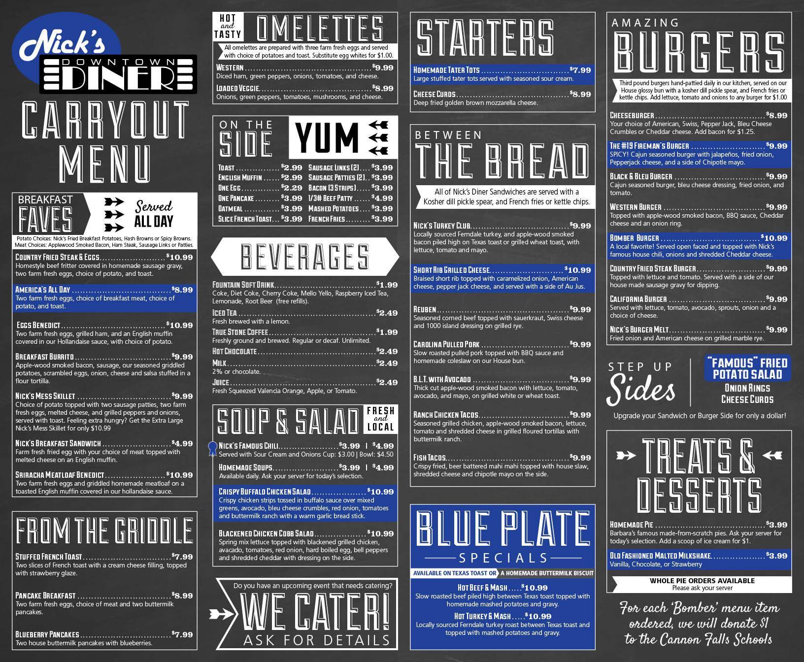 Menu at Nick's Downtown Diner restaurant, Cannon Falls, 331 Mill St W