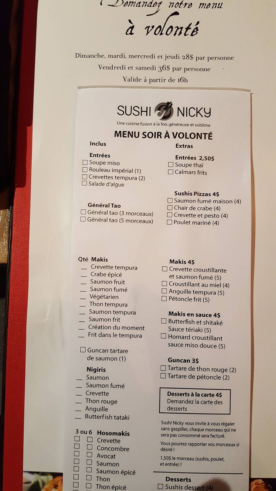 Menu au Nicky Sushi restaurant, Québec, 311 Chem. de la Canardière