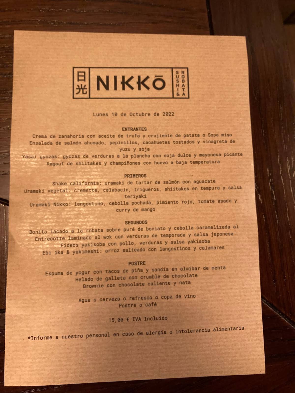 Carta del restaurante Nikko, Bilbao