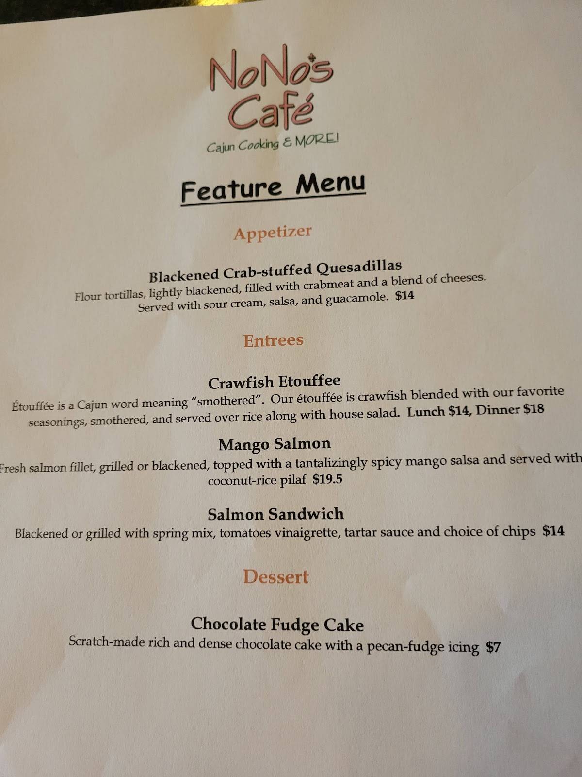 Menu at NoNo's Cafe, Littleton, W County Line Rd