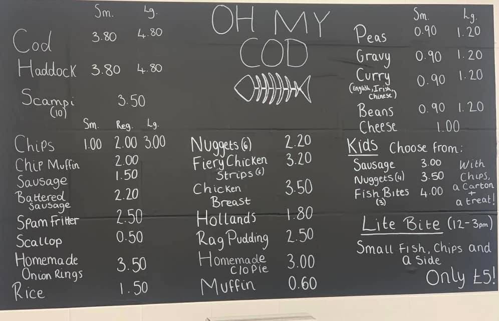 Menu at OH MY COD restaurant, Oldham