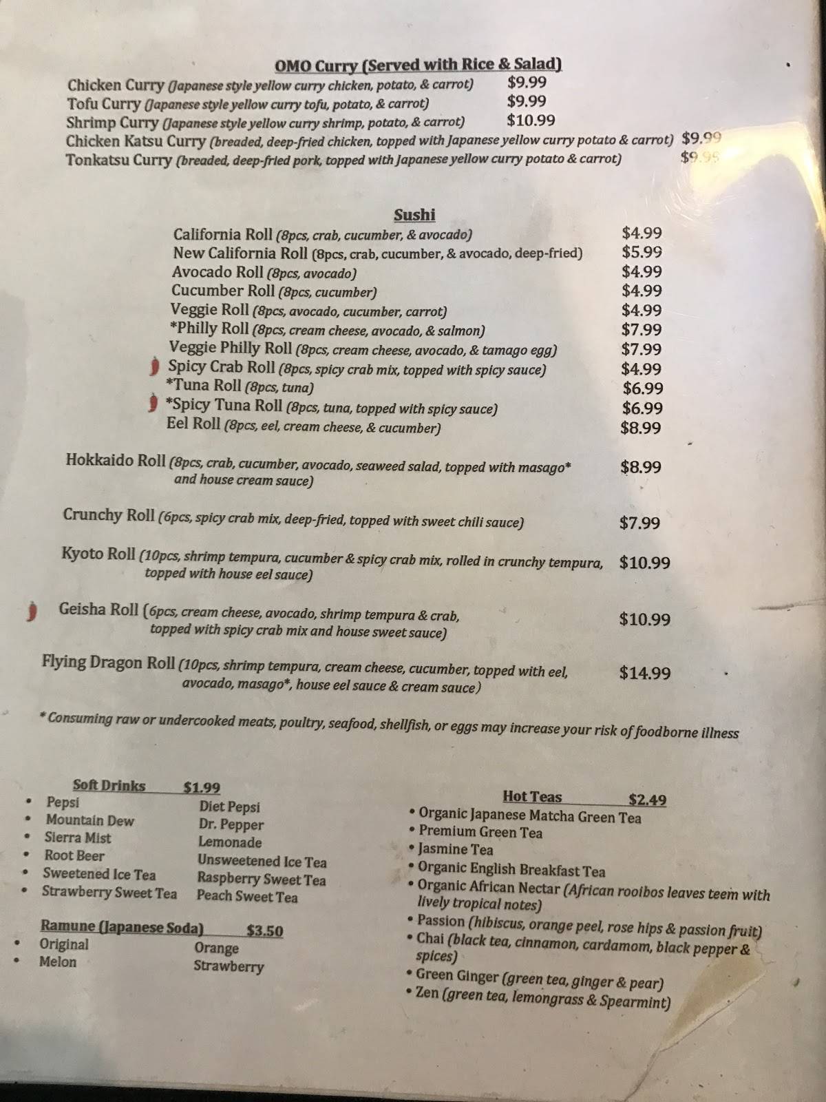 Menu at OMO Japanese Soul Food restaurant, Springfield