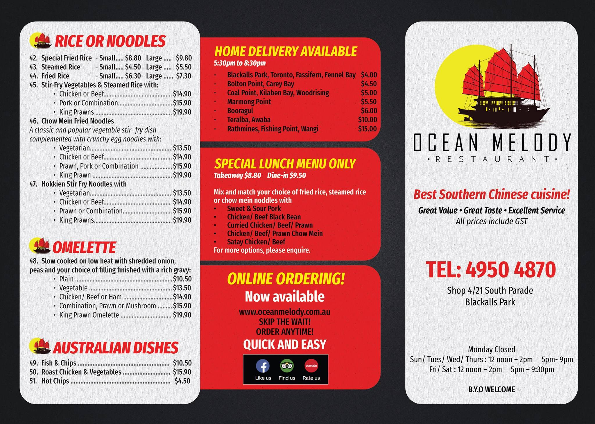 Menu at Ocean Melody Restaurant, Blackalls Park