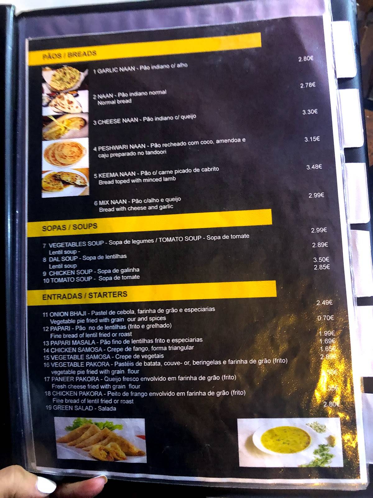 Menu at Olá Nepal restaurant, Lisbon