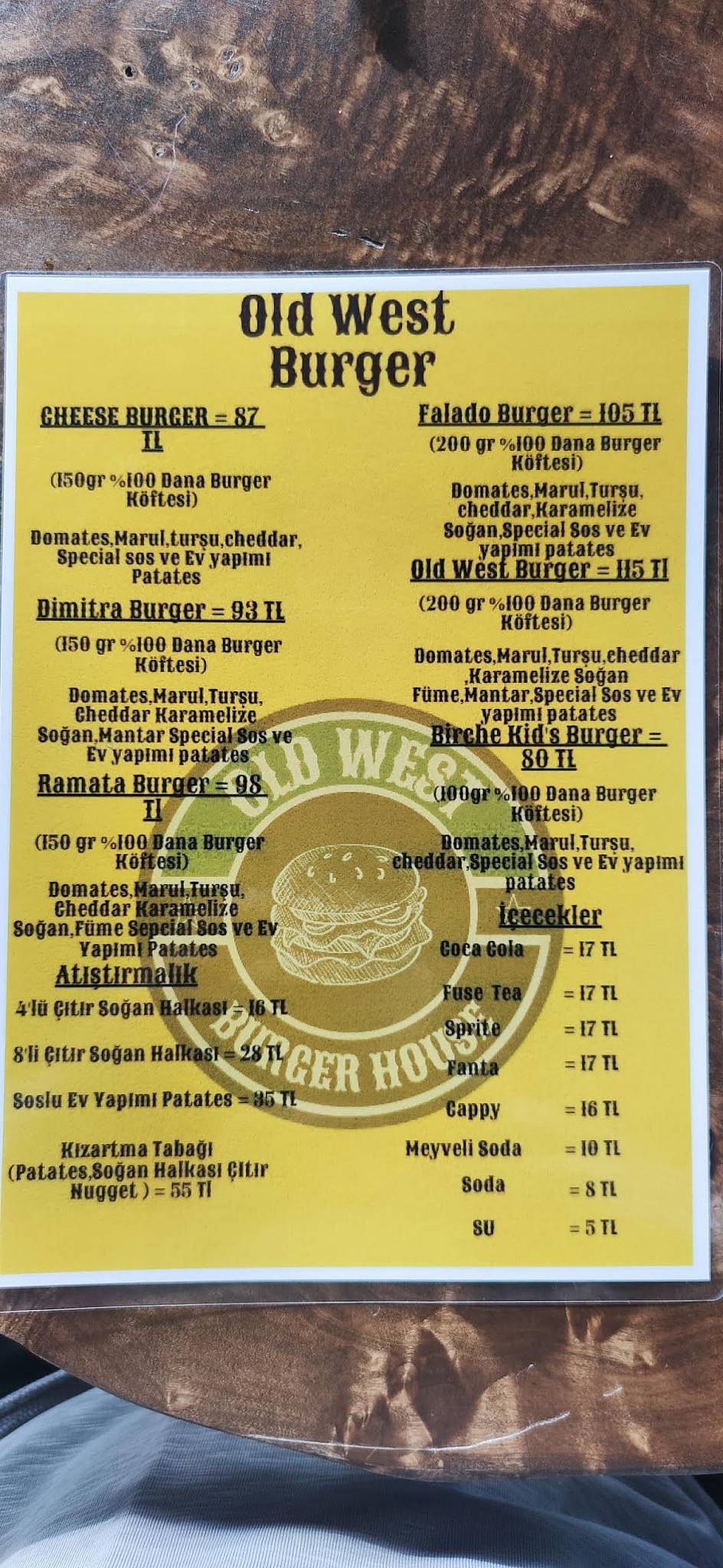 Menu at Old West Burger, Sivas