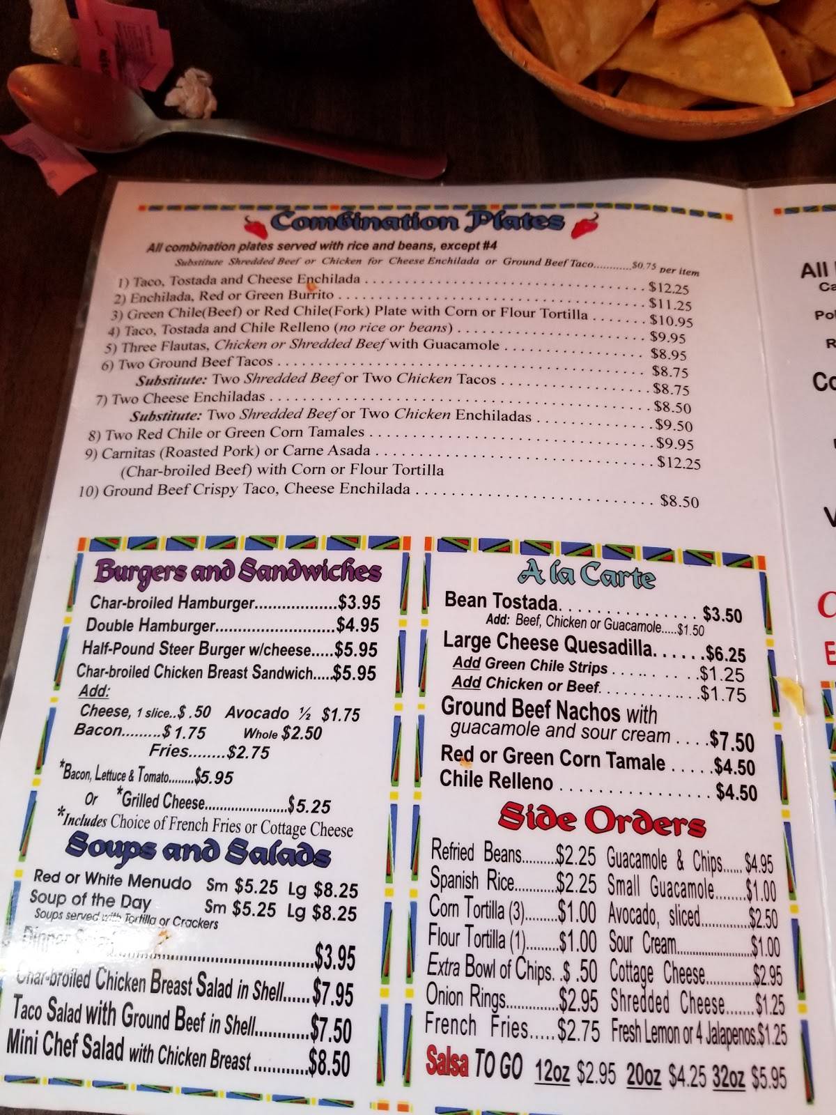 Menu at Casa Rivera's Taco Express restaurant, Oracle