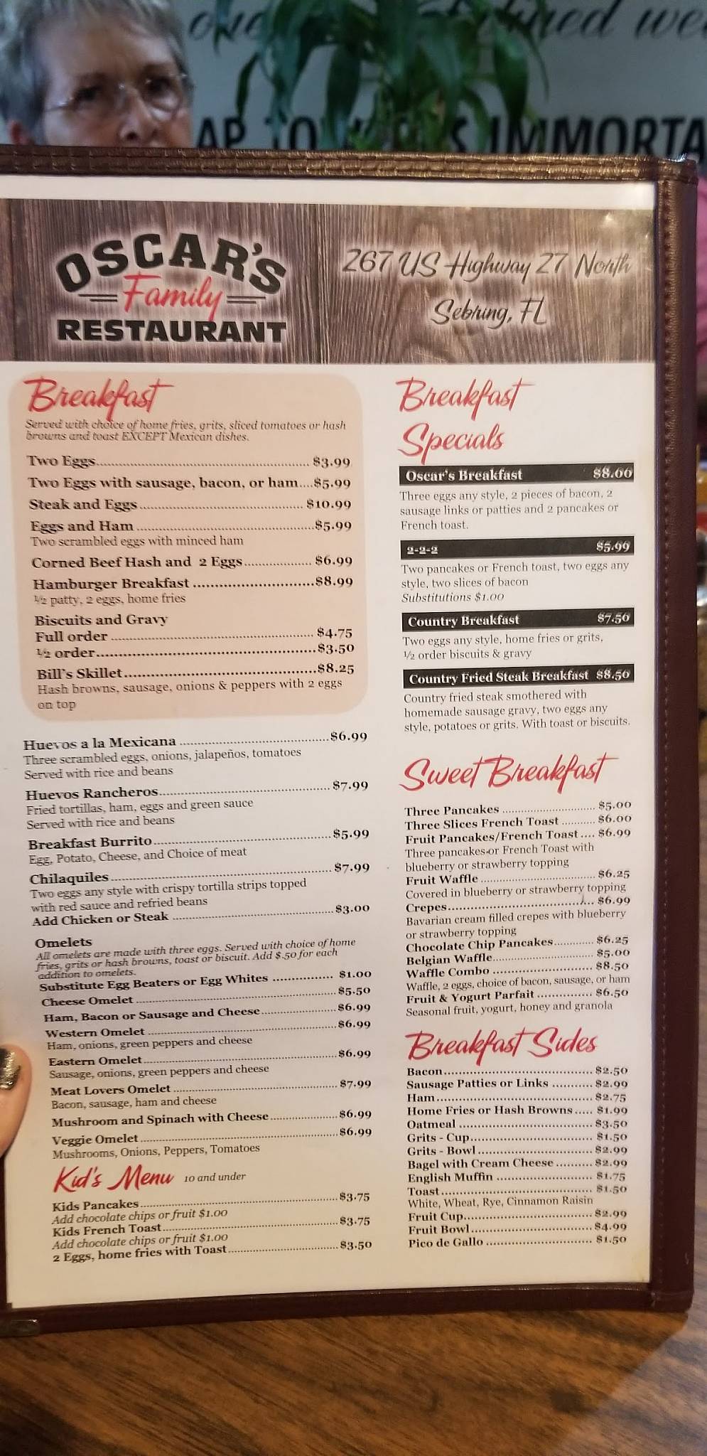 Menu at Oscar's Family Restaurant, Sebring