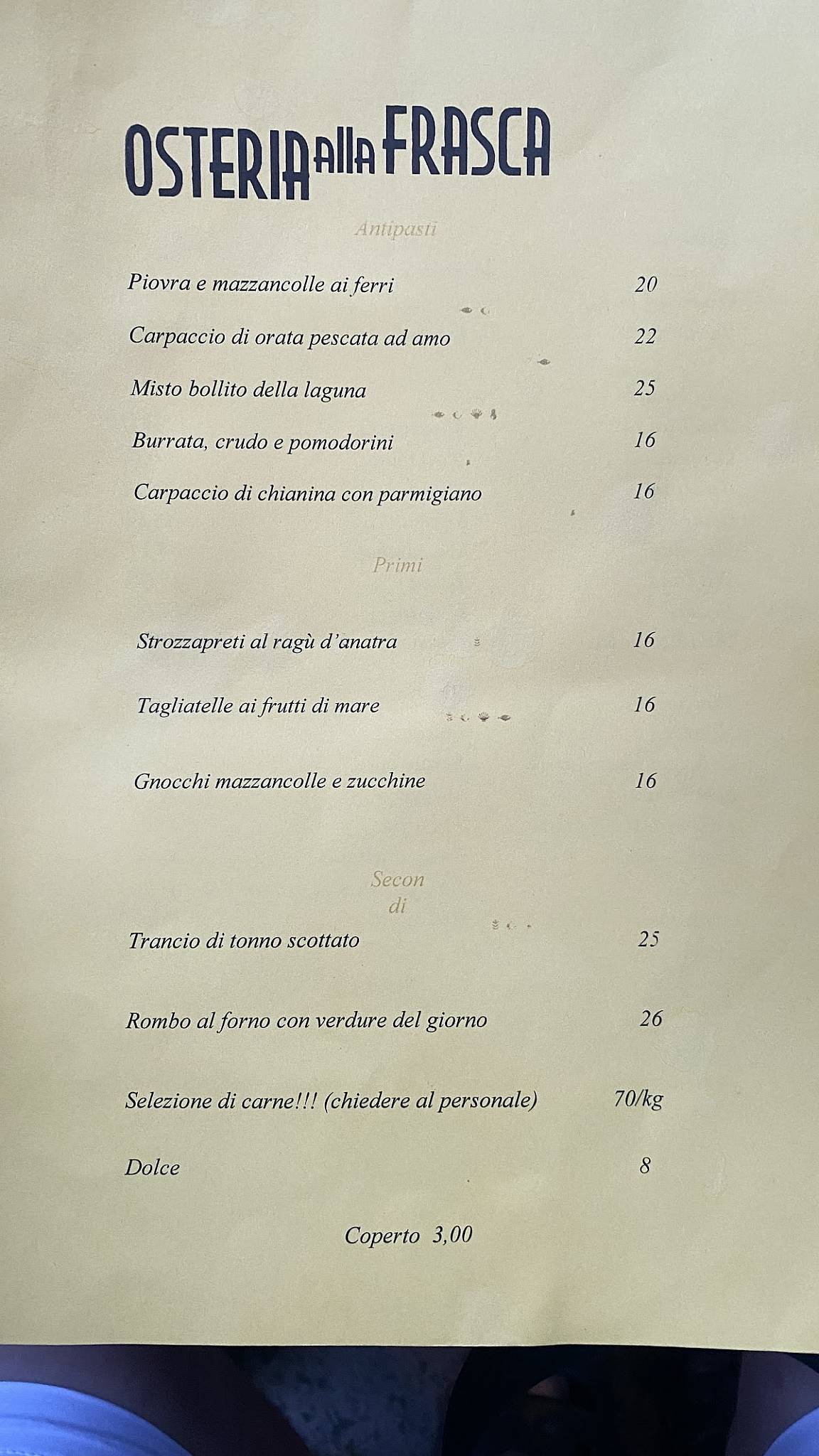 Menu at Osteria Alla Frasca restaurant, Venice, Corte de la Carità