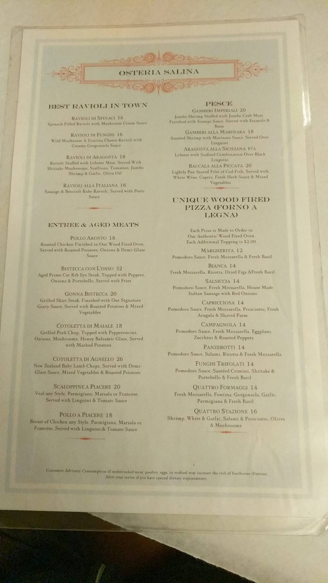 Menu at Osteria Salina restaurant, Auburn