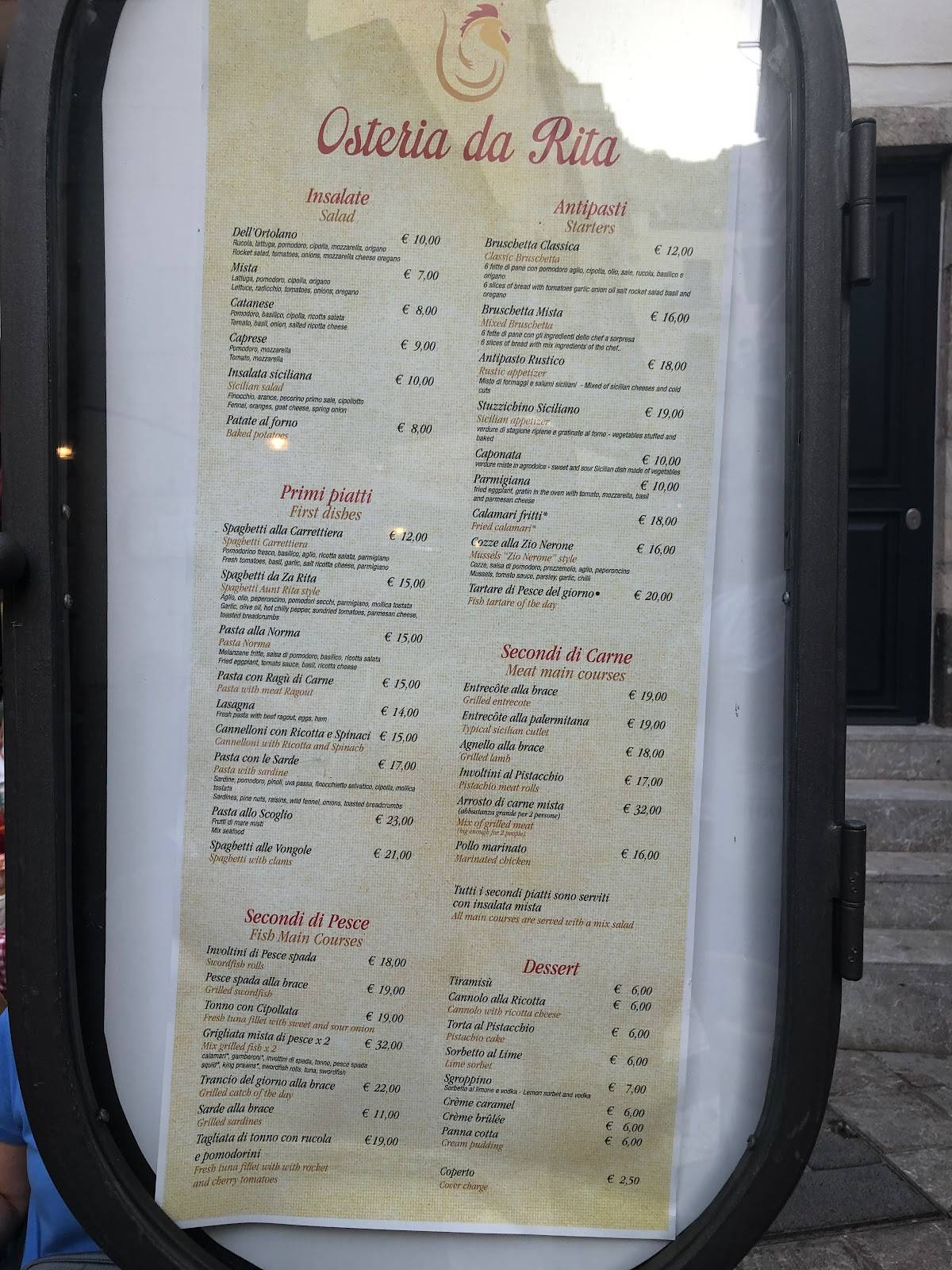 Menu at Osteria da Rita (dal 1991) restaurant, Taormina