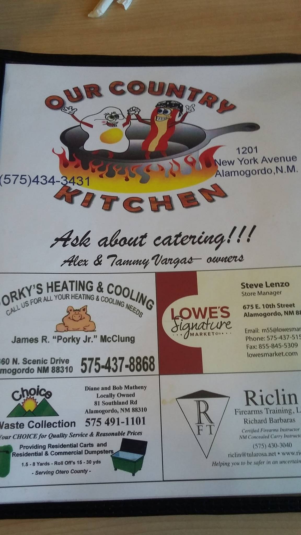 Menu at Our Country Kitchen restaurant, Alamogordo