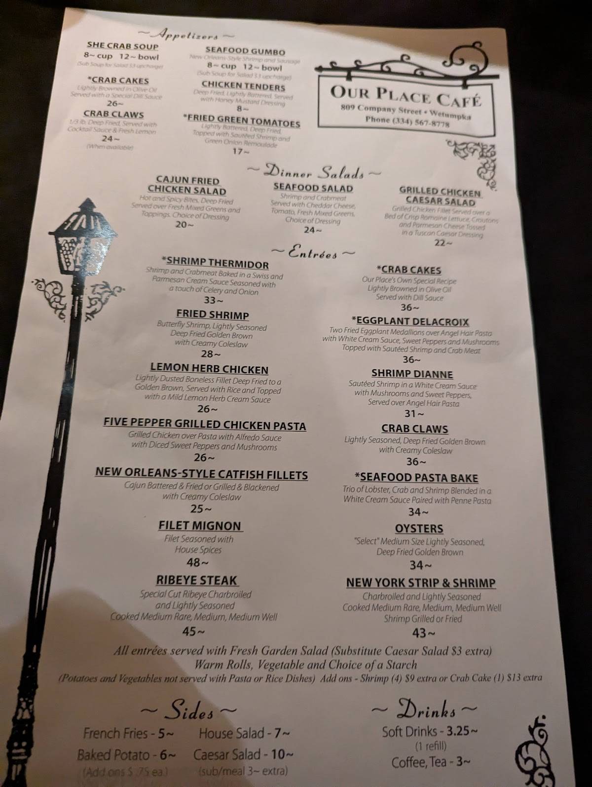 Menu at Our Place Cafe, Wetumpka