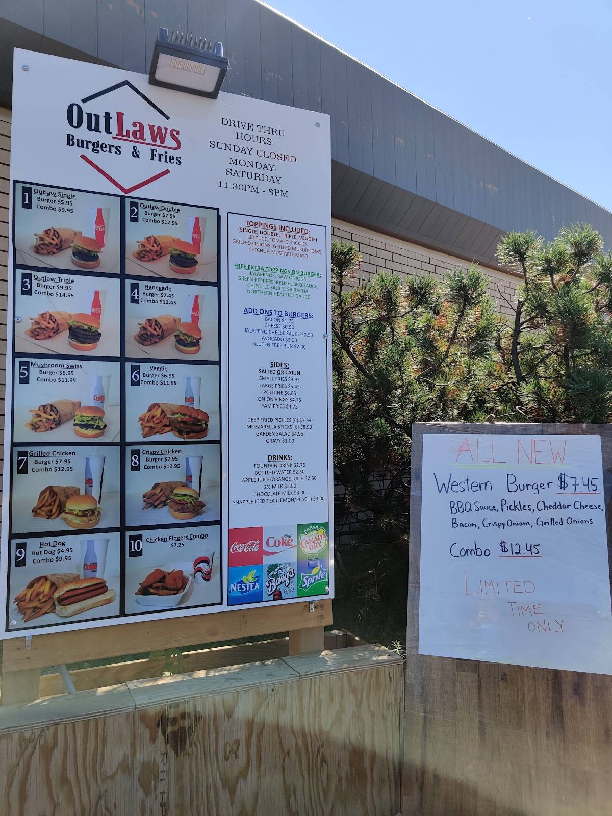 Menu at Outlaws Burgers and Fries restaurant, Thunder Bay