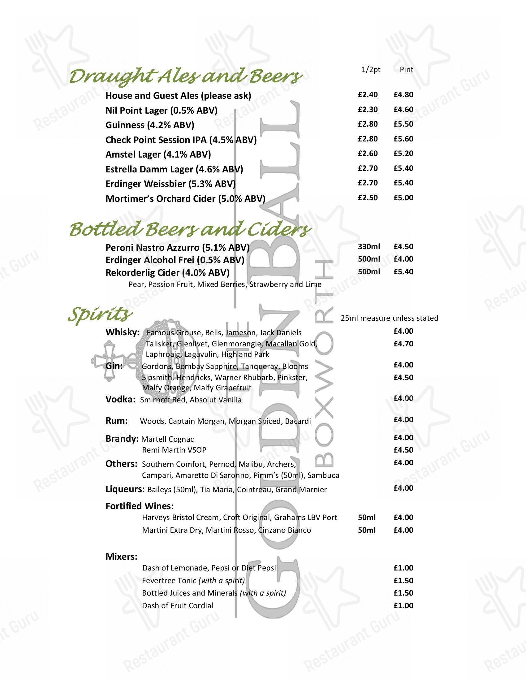 Menu at The Golden Ball pub & bar, Boxworth