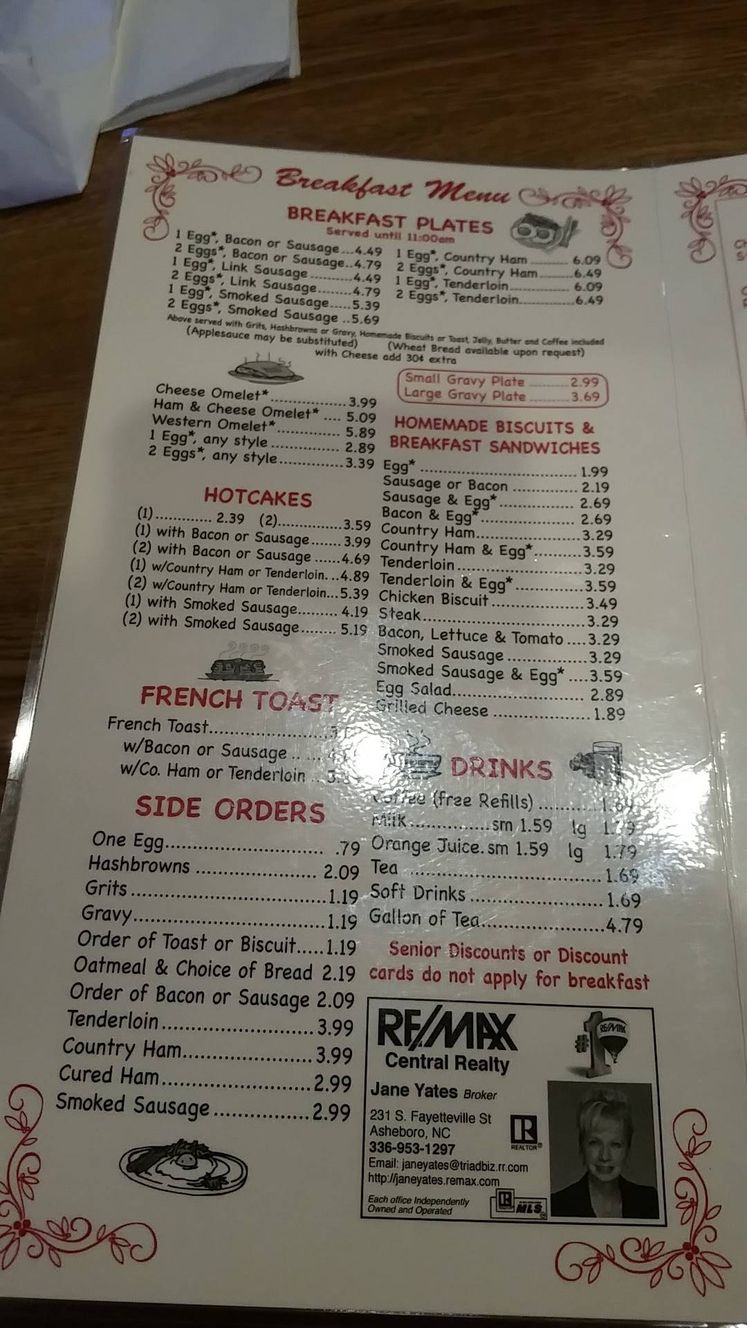 Menu at P & J's Diner restaurant, Asheboro