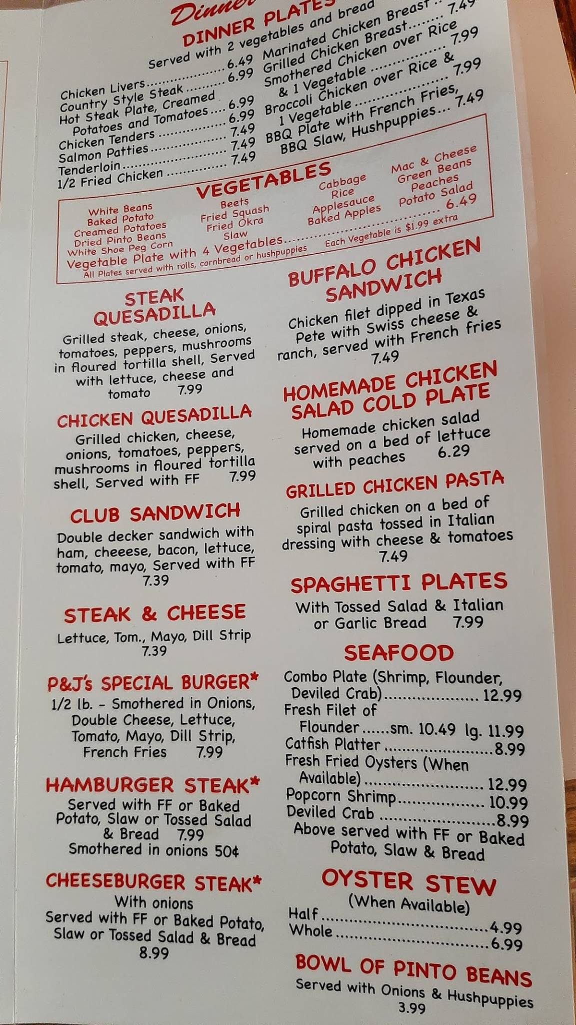 Menu at P & J's Diner restaurant, Asheboro