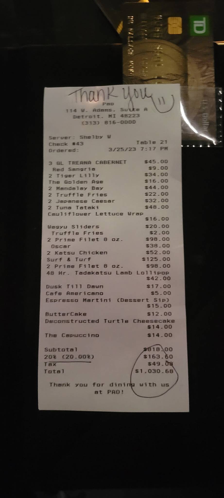 Menu at PAO Detroit restaurant, Detroit