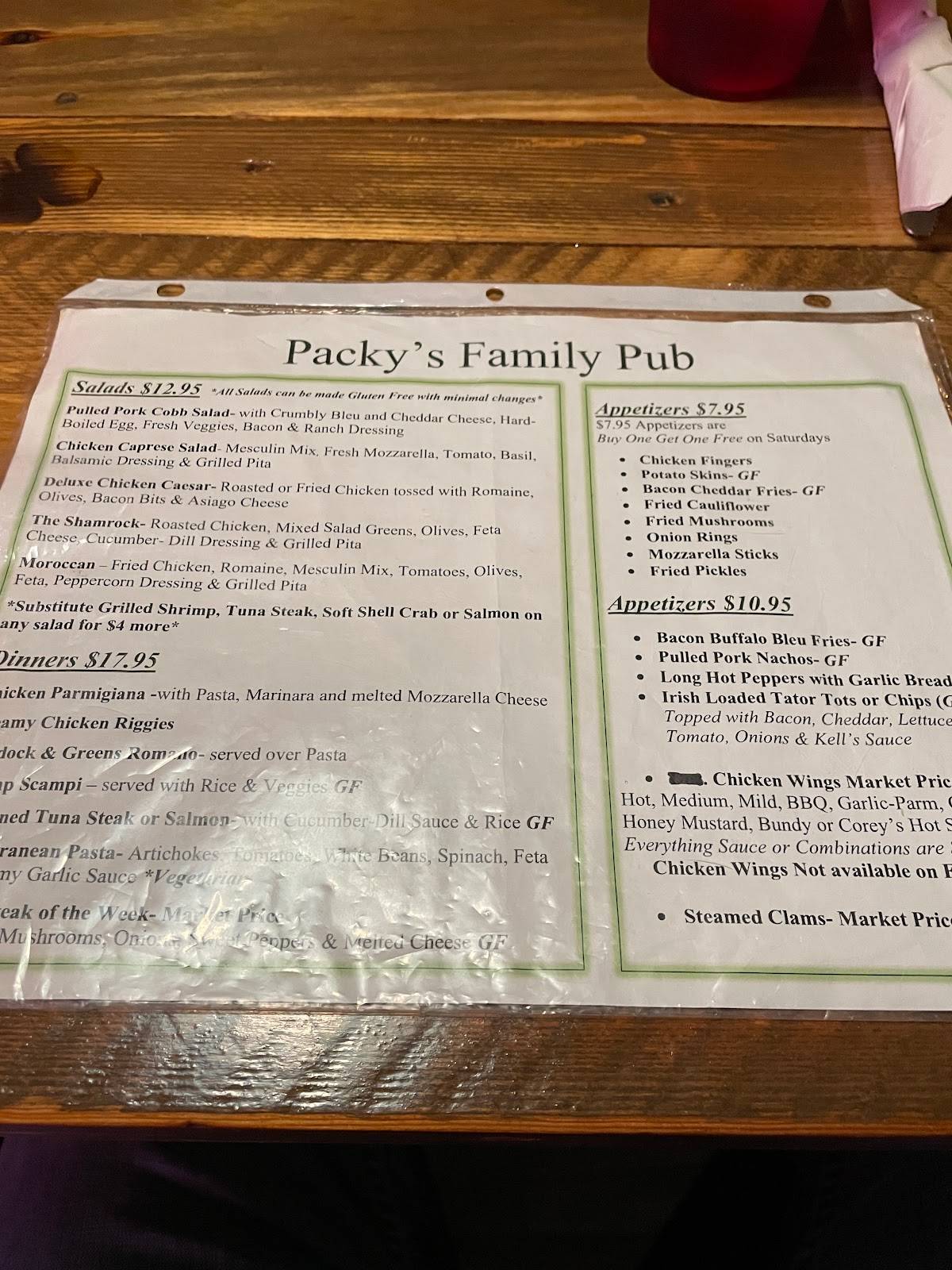 Menu at Packy's Pub, Washington Mills