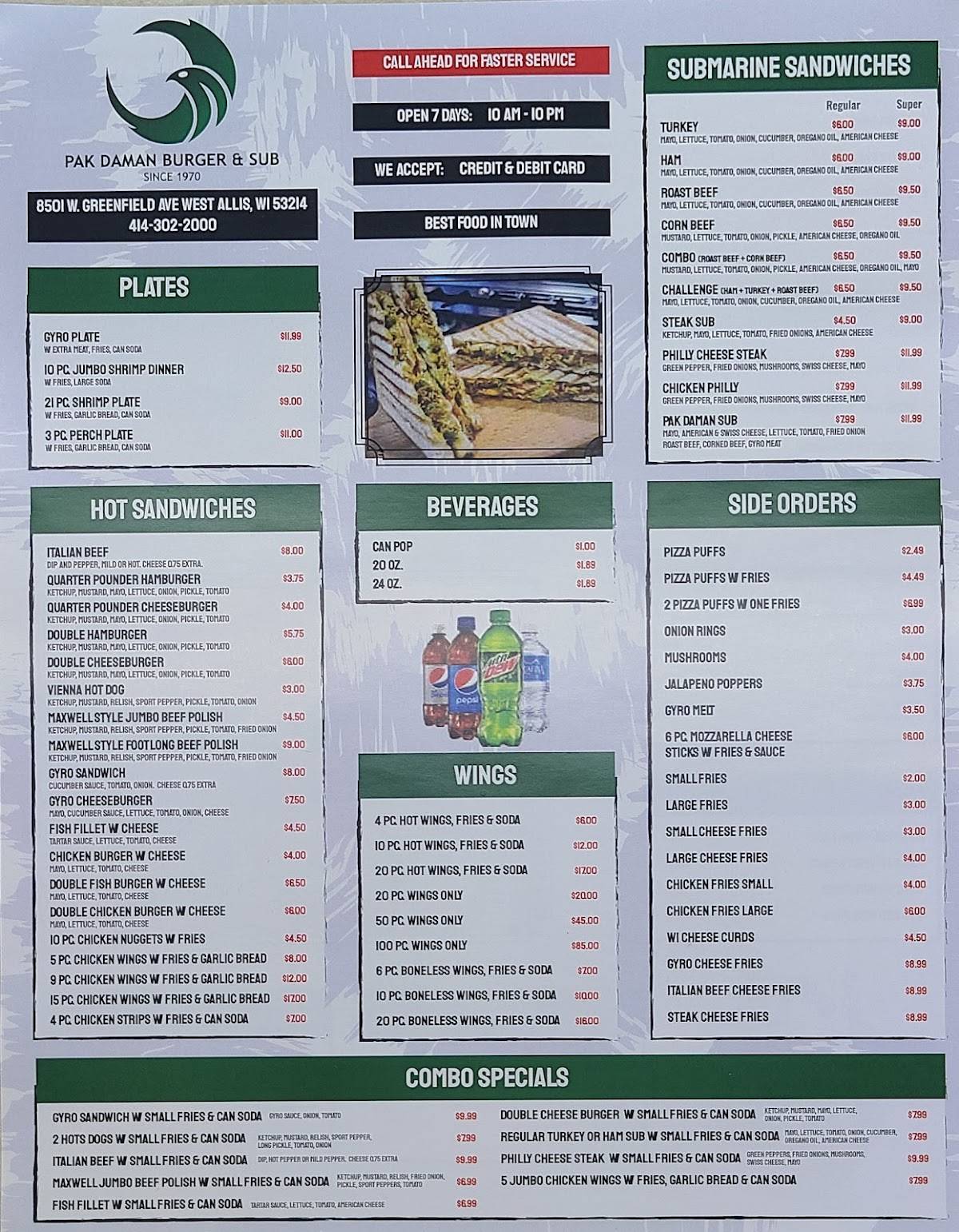 Menu at Pak Daman Burger & Sub restaurant, West Allis