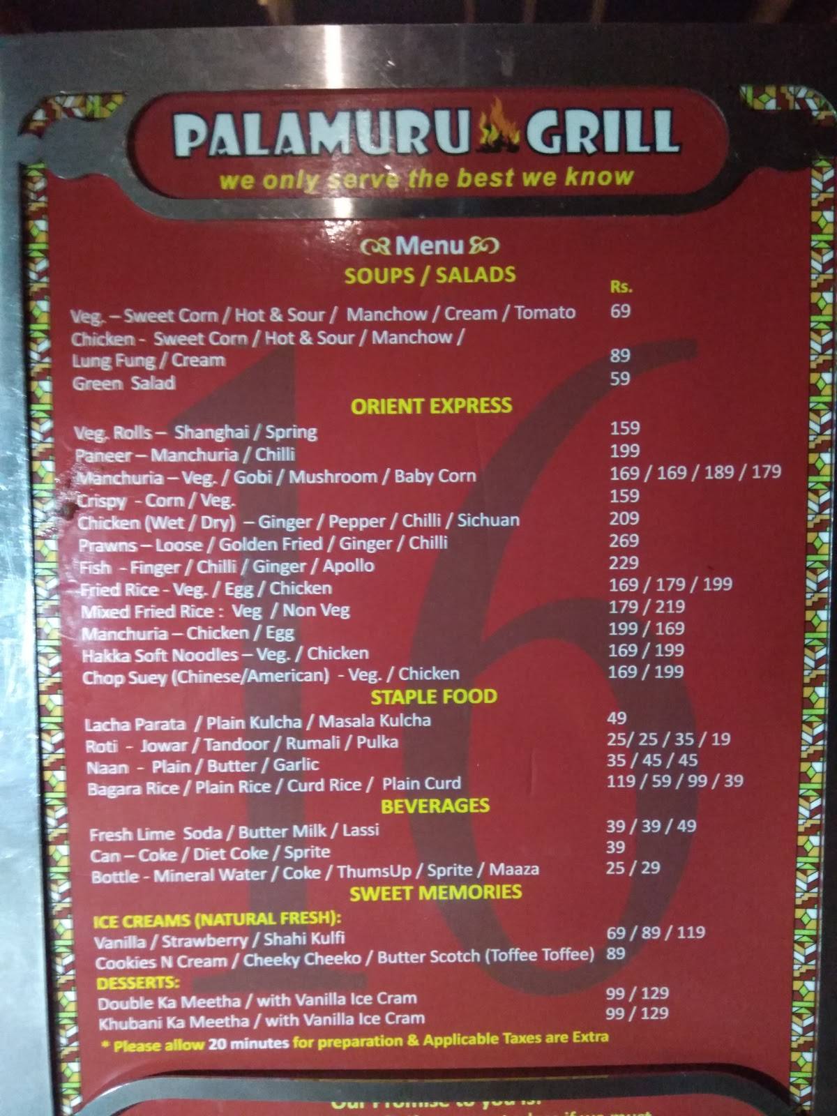 Menu at Palamuru Grill Restaurant, Hanamkonda