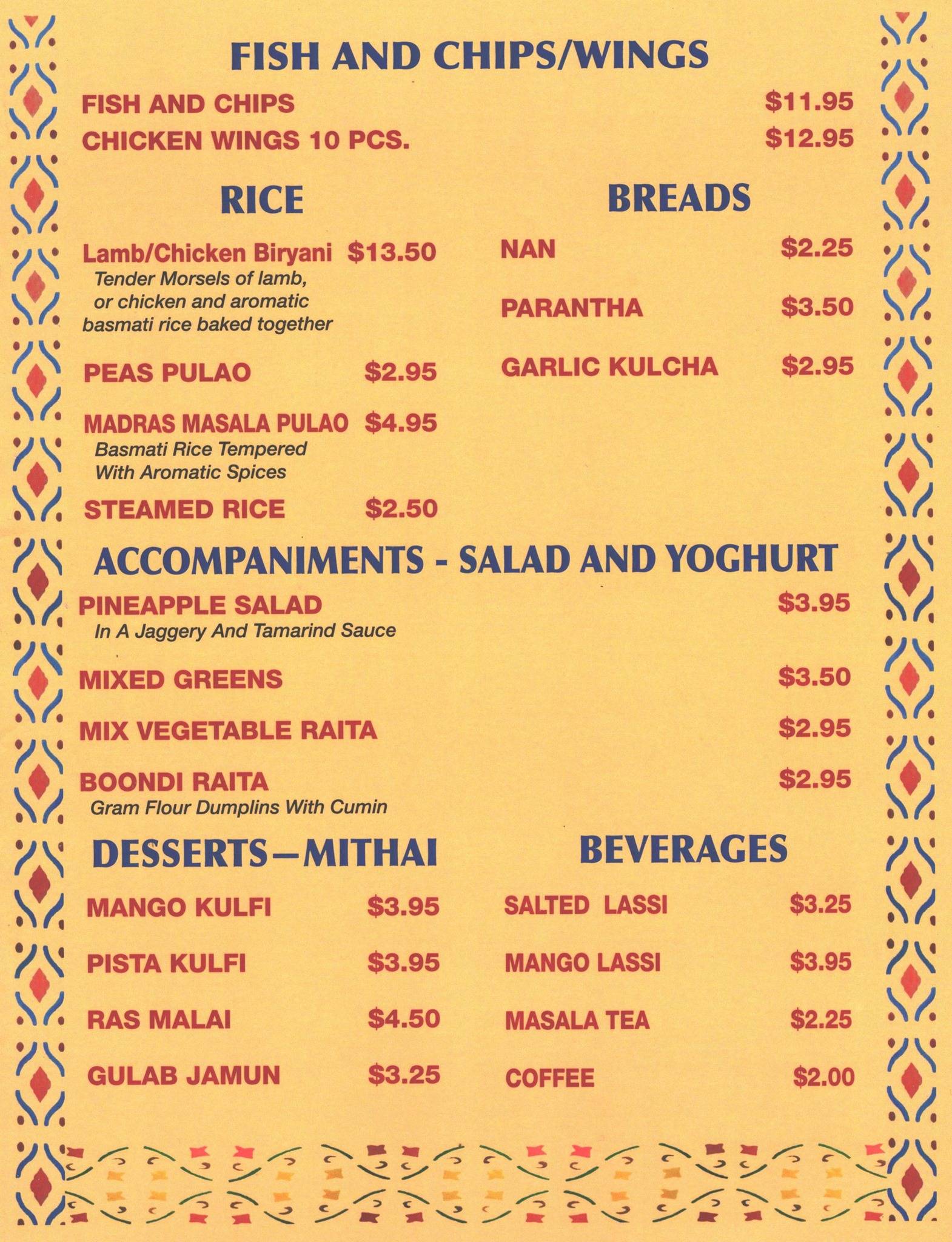 Menu at Palki Cuisine of India restaurant, Ottawa, Russell Rd