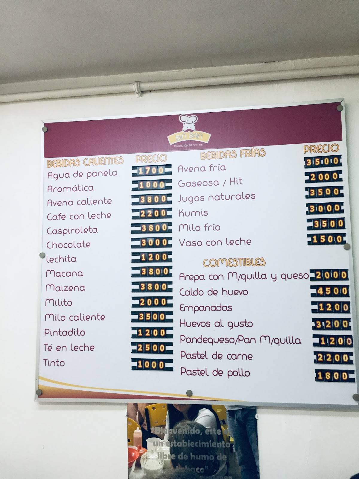 Menu at Panaderia Bin Ban restaurant, Manizales