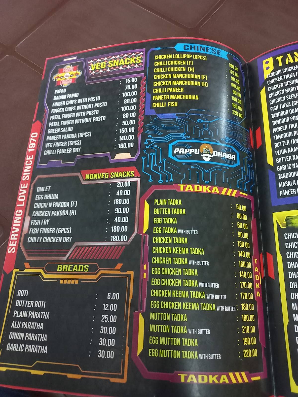 Menu at Pappu Da Dhaba, India, Dakshingram Palsanda