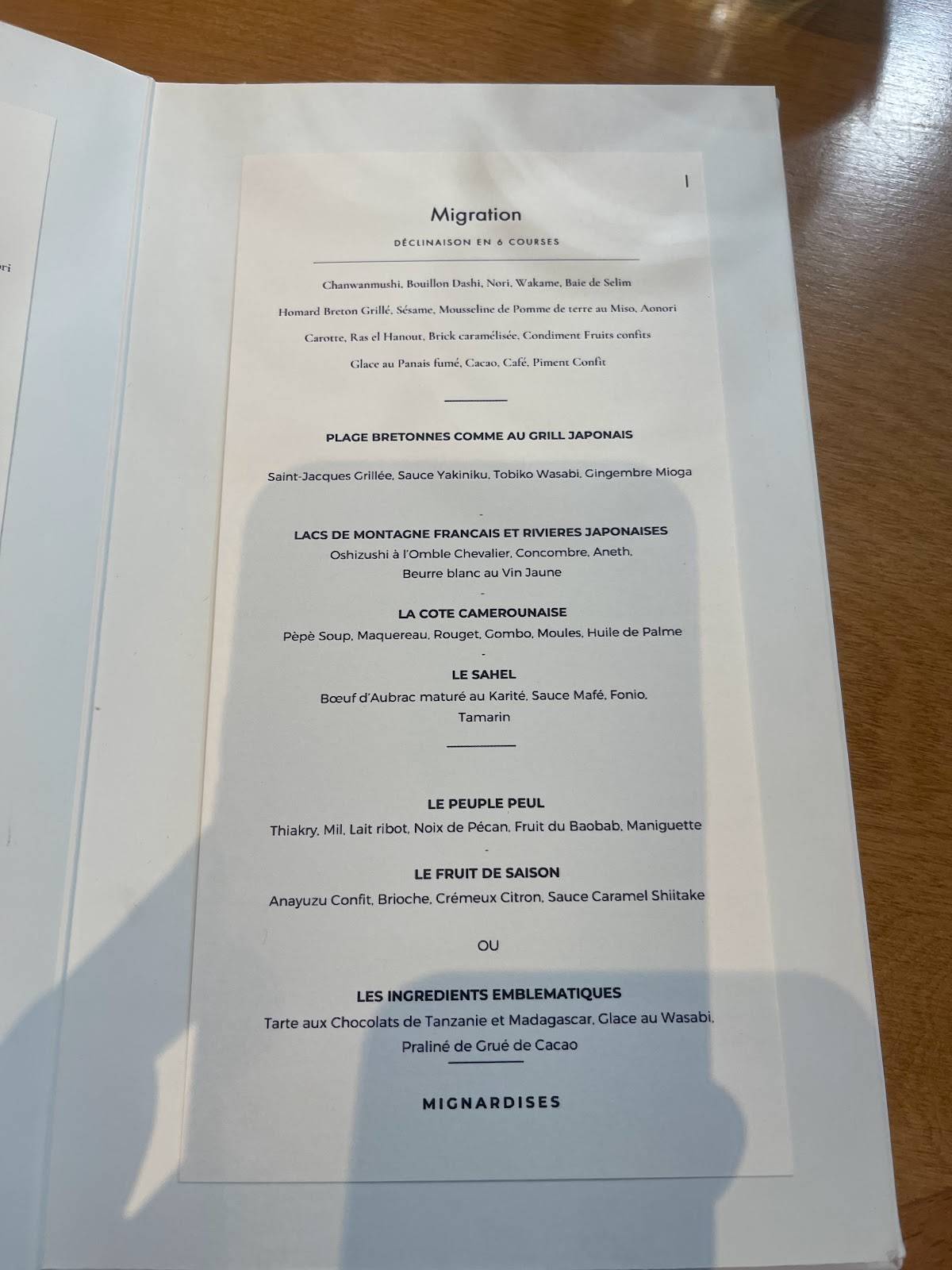 Menu au Mosuke restaurant, Paris