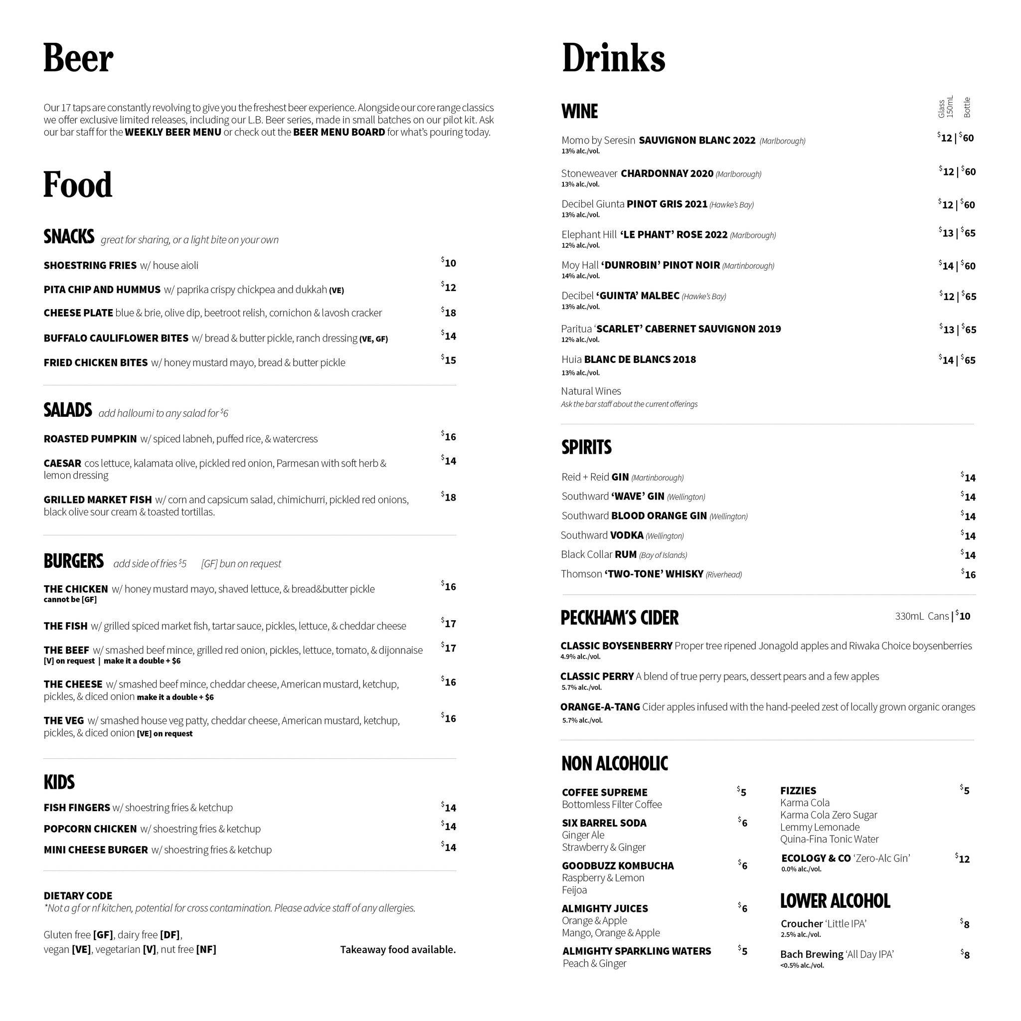 Menu at Parrotdog Bar, Wellington