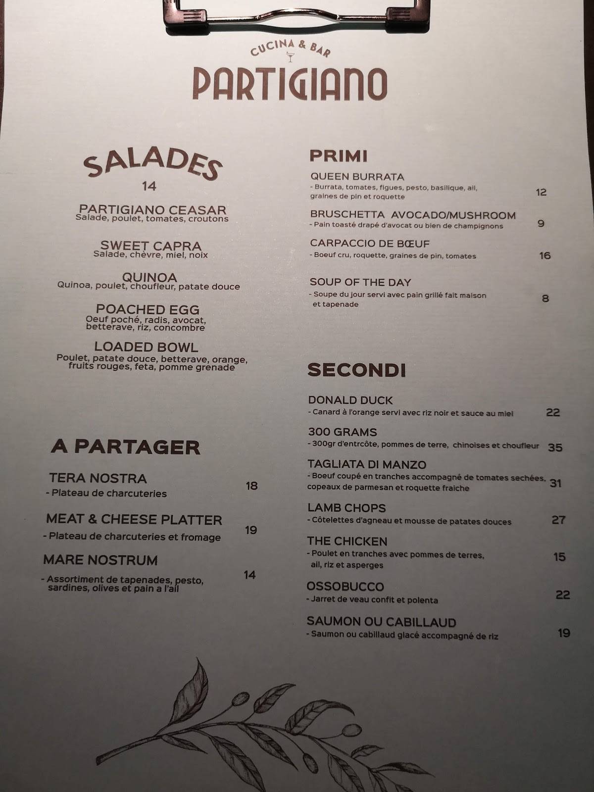 Menu at Partigiano restaurant, Luxembourg City