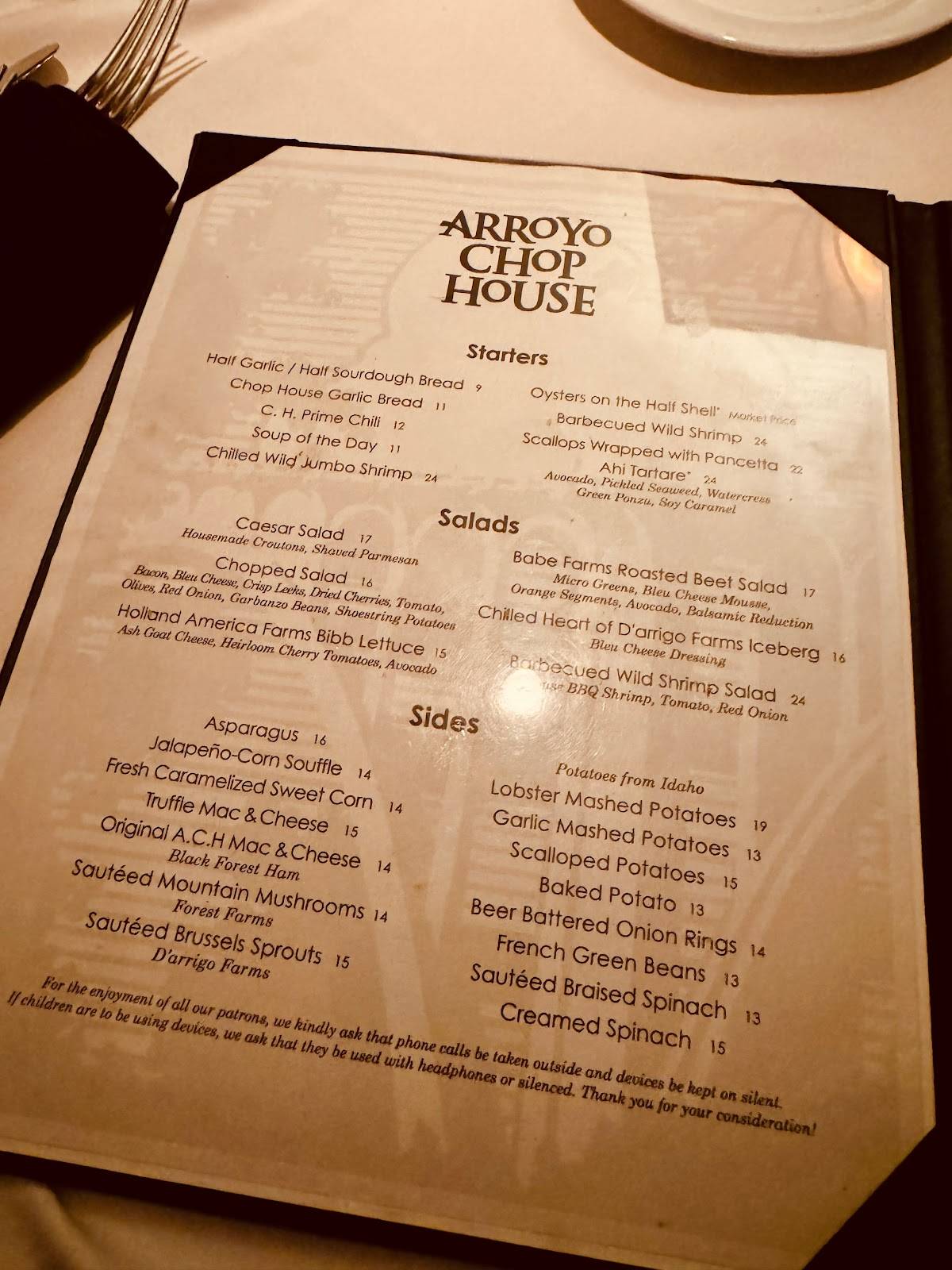 Menu at Arroyo Chop House pub & bar, Pasadena