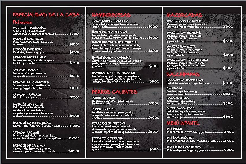 Menu at Patacome JM restaurant, Colombia