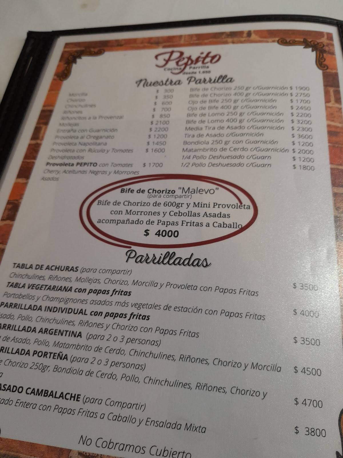Menu at Pepito restaurant, Buenos Aires