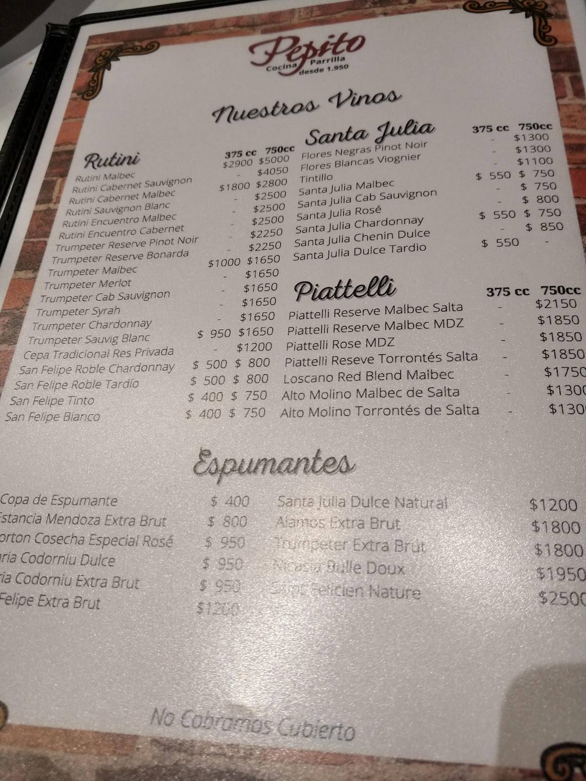 Menu at Pepito restaurant, Buenos Aires
