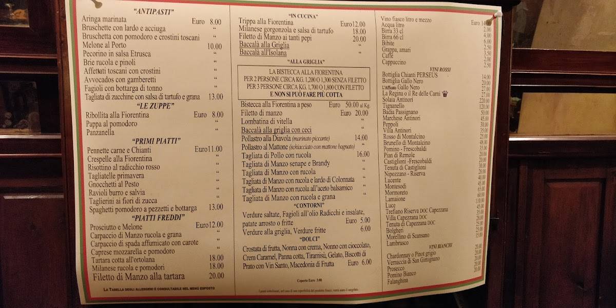 Menu at Perseus steakhouse, Florence