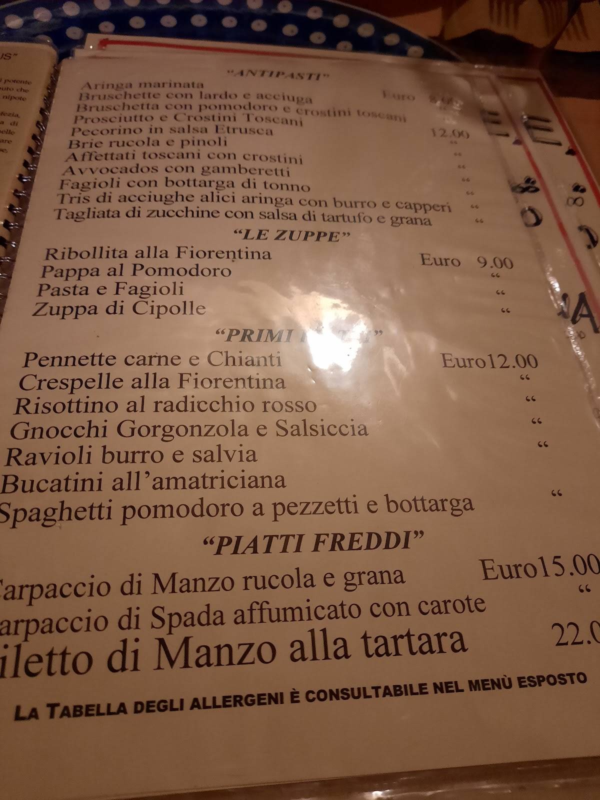 Menu at Perseus steakhouse, Florence