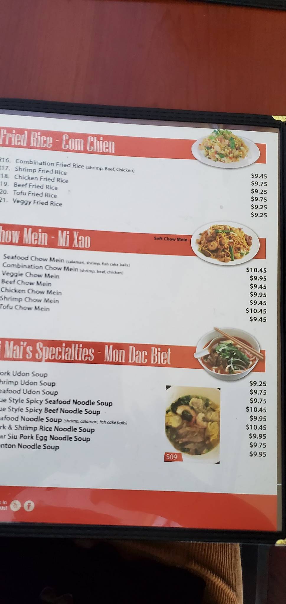 Menu at Pho Mai Mai Restaurant, North Las Vegas