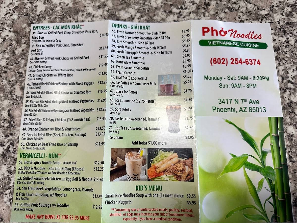 Menu at Phở Noodles restaurant, Phoenix