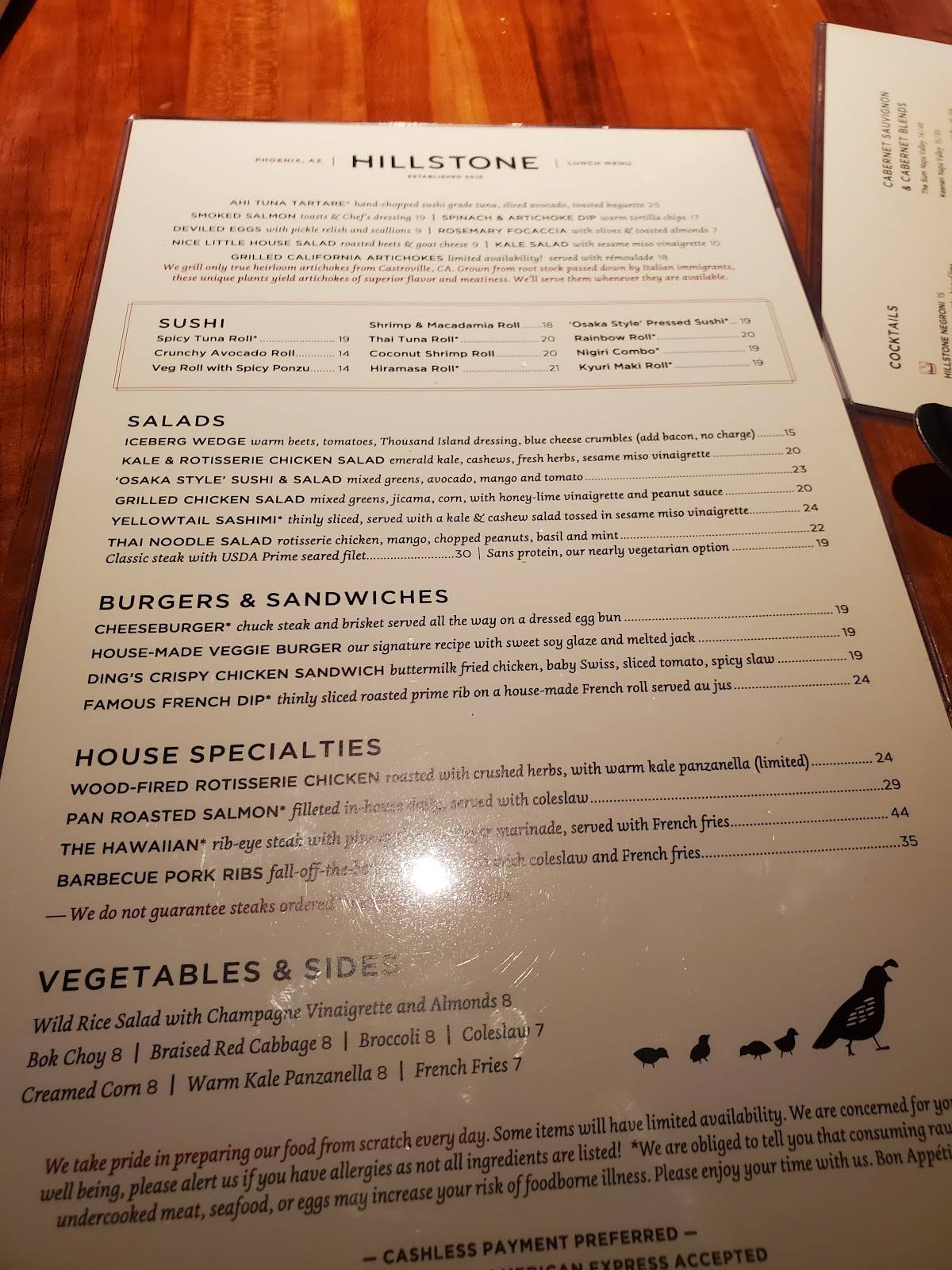 Menu at Hillstone Restaurant, Phoenix, E Camelback Rd