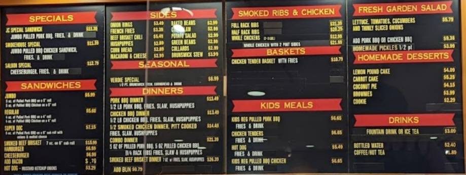 Menu at Pierce's Pitt Bar-B-Que, Williamsburg