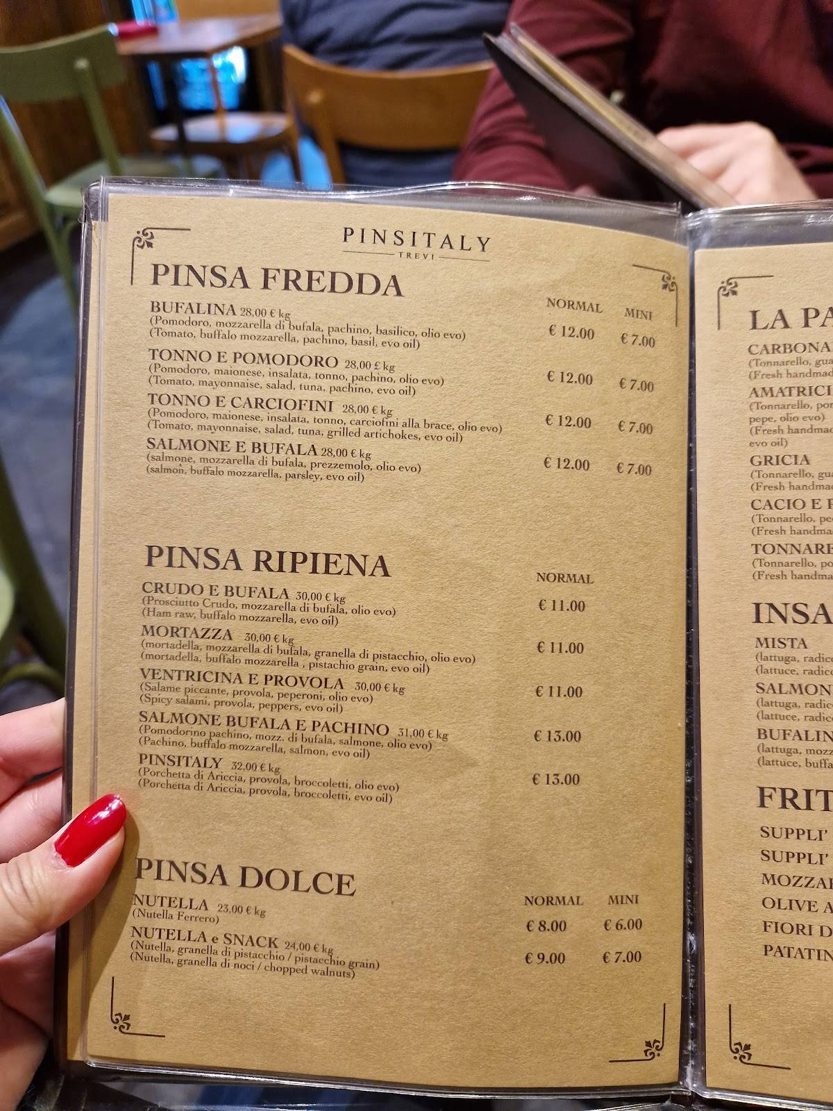 Menu at Pinsitaly Trevi pizzeria, Rome, Via della Panetteria