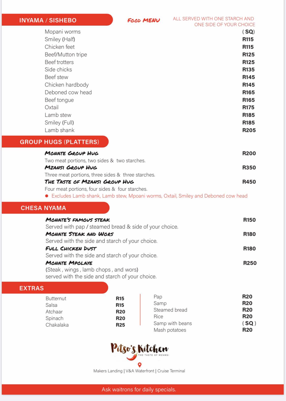 Menu at Pitso's Kitchen Waterfront restaurant, Cape Town