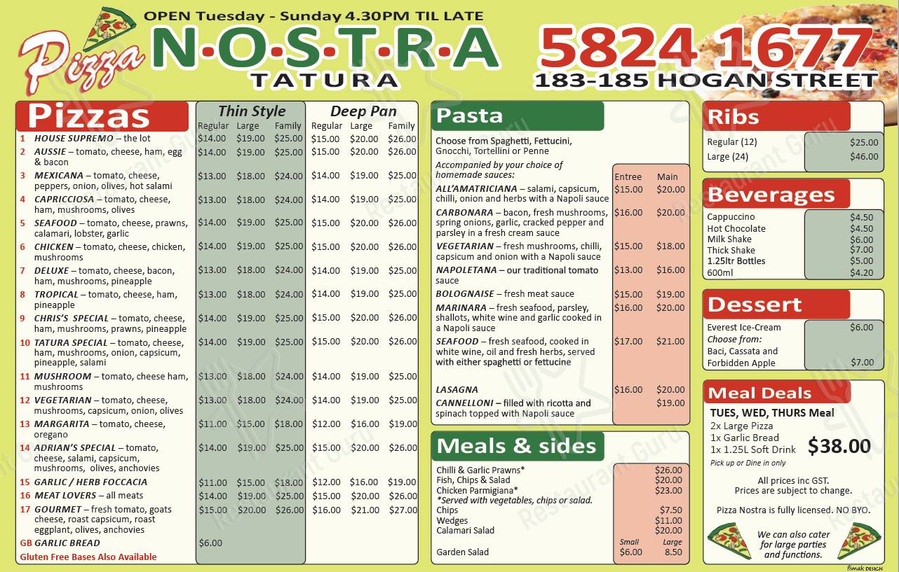 Menu at Pizza Nostra restaurant, Tatura