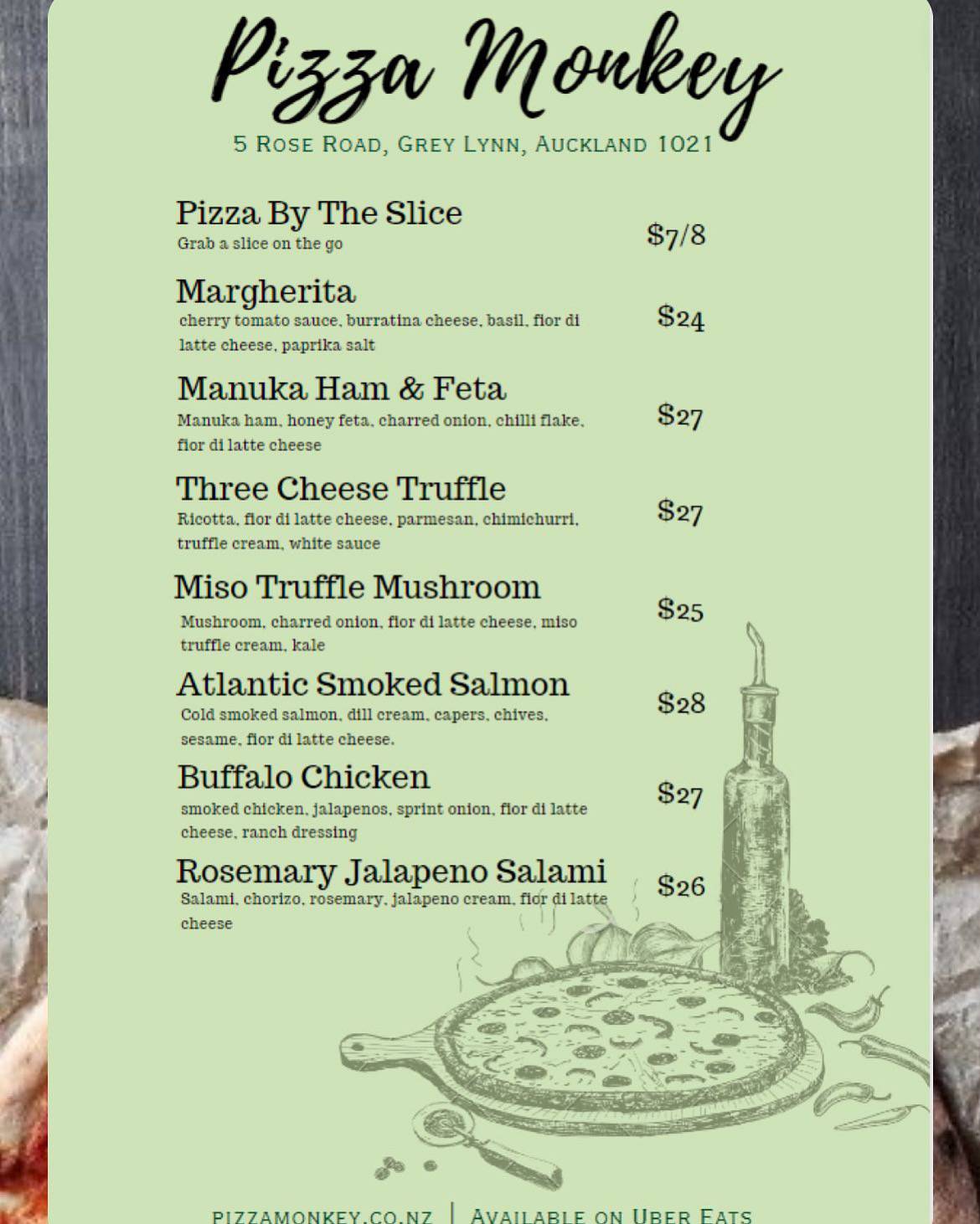 Menu at Pizza Monkey restaurant, Auckland