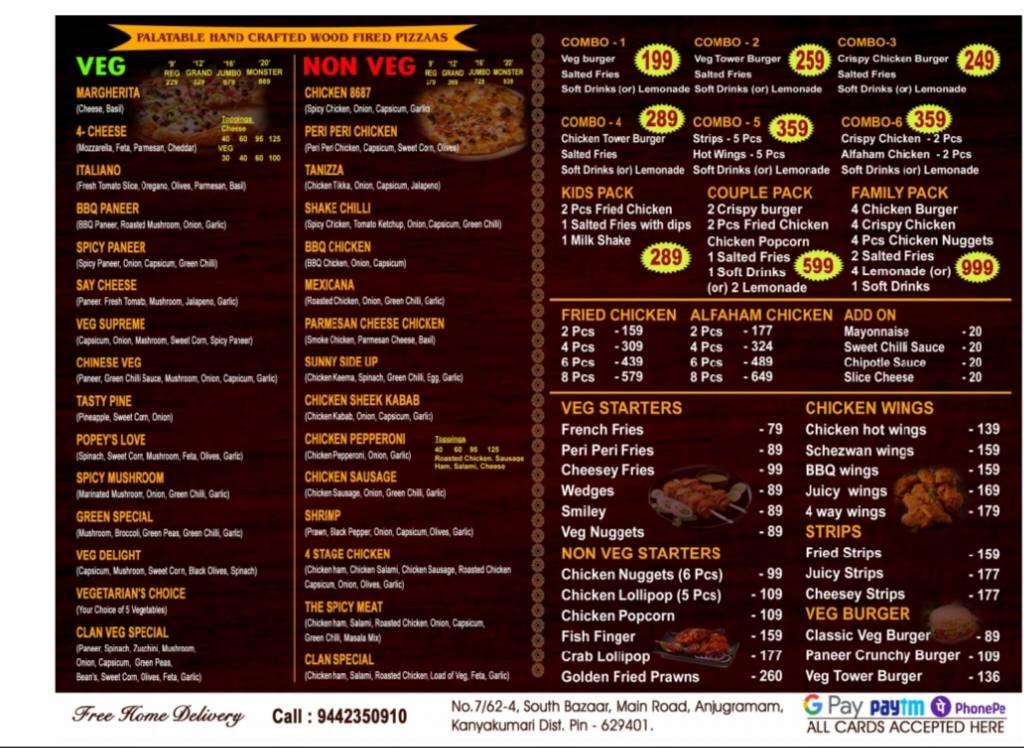 Menu at Pizzaa Clan, Anjugramam
