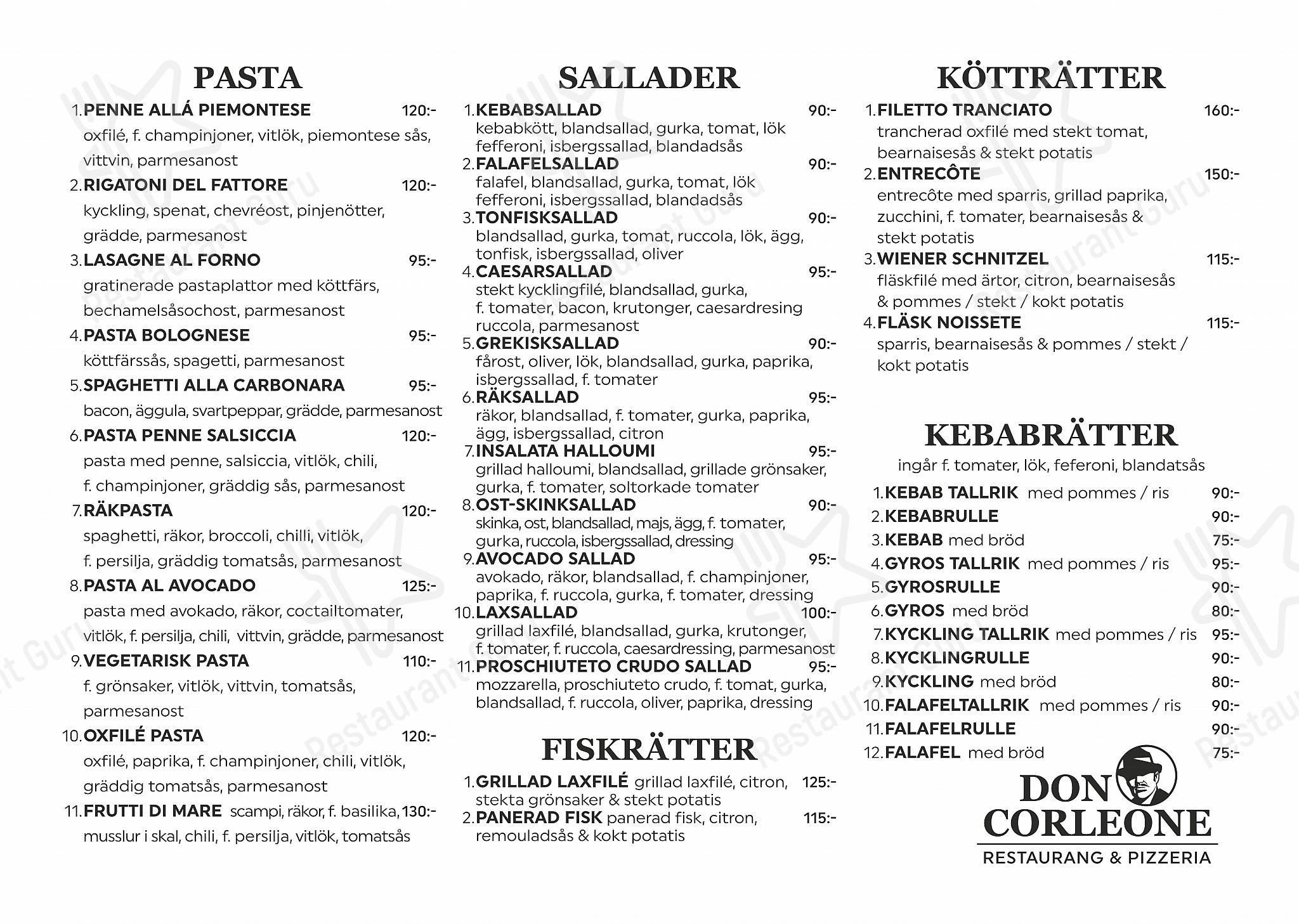 Menu at Don Corleone pizzeria, Stockholm