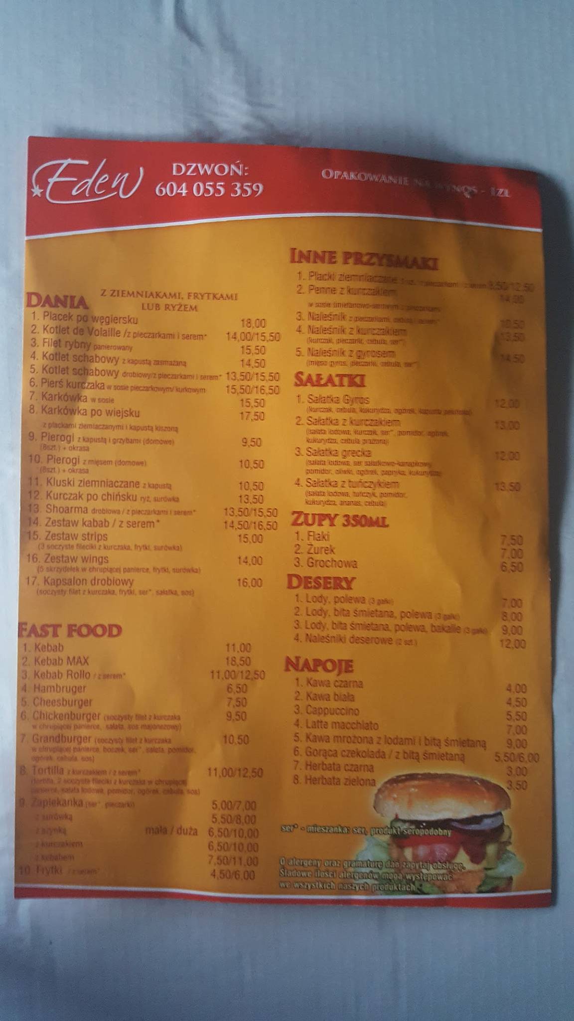 Menu at Pizzeria EDEN, Lipno