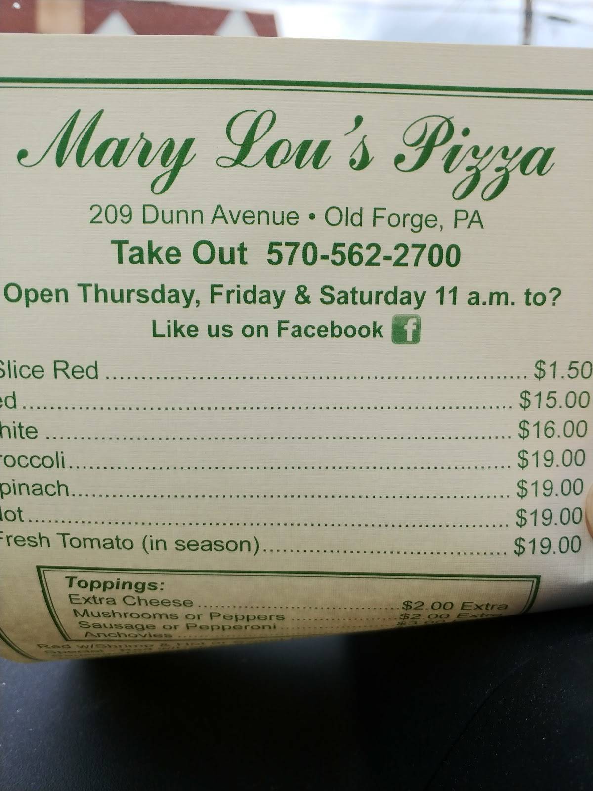 Menu at Mary Lou’s Pizza pizzeria, Old Forge, 209 Dunn Ave