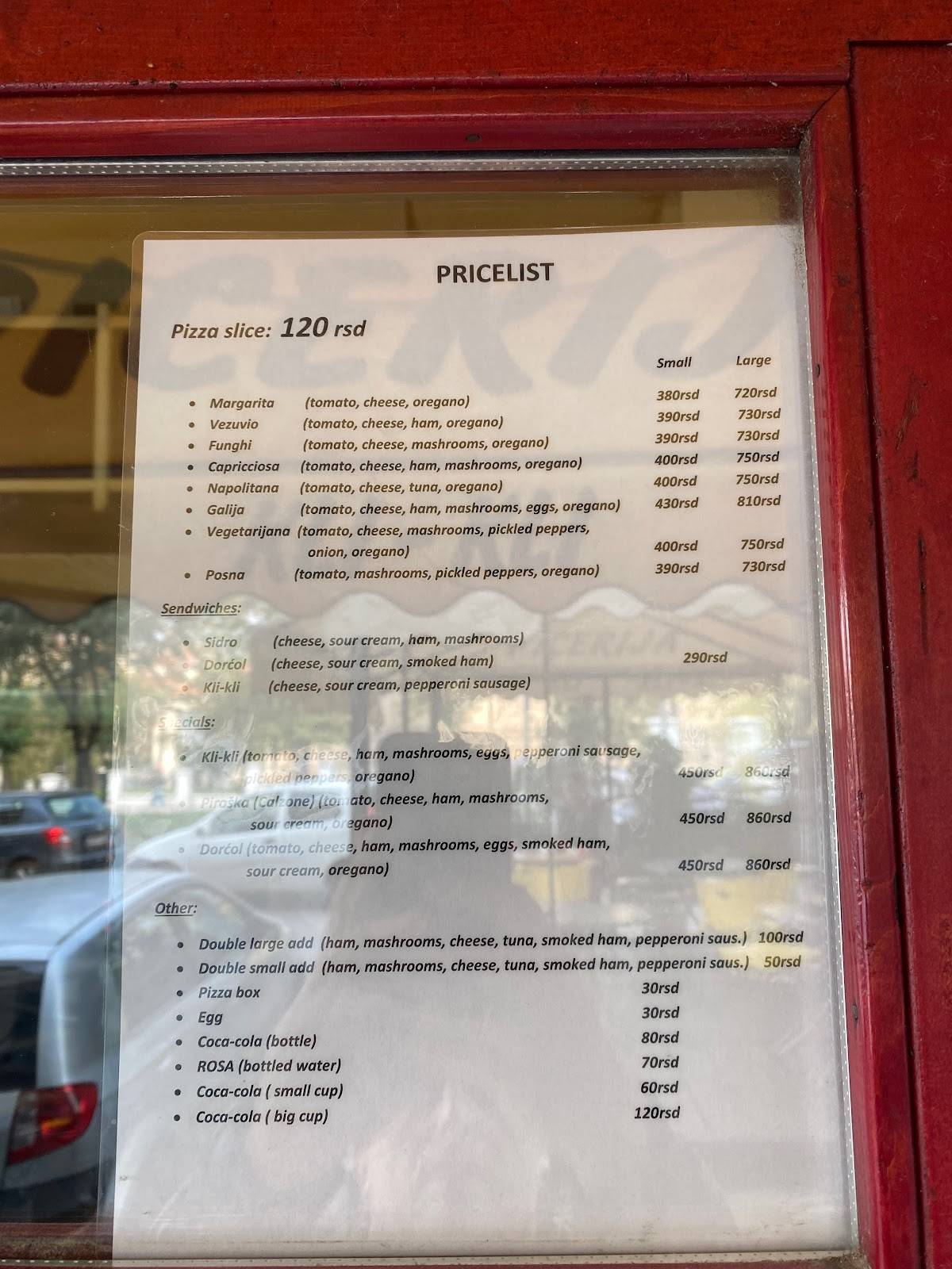 Menu at Picerija Kli Kli pizzeria, Belgrade